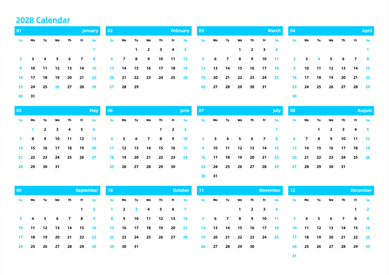2028年日历表 英文版 横向排版 周日开始 带节假日调休 日历模板(DF011-2367) - 日历表2028年日历打印下载